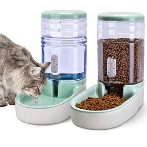 automatic dog cat feeder and water dispenser gravity food feeder and waterer set with pet food bowl for small medium dog puppy kitten, large capacity 1 gallon x 2