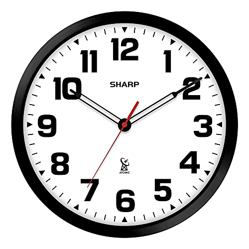 SHARP Atomic Analog Wall Clock - 12" Black Stylish Frame - Sets Automatically- Battery Operated - Easy to Read - Easy to Use – Modern Design and Style