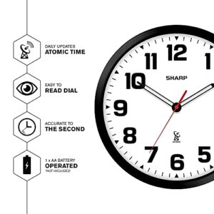 SHARP Atomic Analog Wall Clock - 12" Black Stylish Frame - Sets Automatically- Battery Operated - Easy to Read - Easy to Use – Modern Design and Style