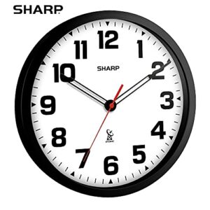 SHARP Atomic Analog Wall Clock - 12" Black Stylish Frame - Sets Automatically- Battery Operated - Easy to Read - Easy to Use – Modern Design and Style