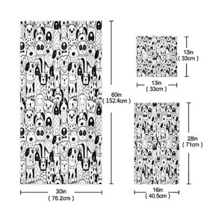 ATTX Bathroom Decorative Towel Set with Black White Doodle Dogs Print, 3-Piece Set with 30x60 inch Bath Towel, 16x28 inch Hand Towel & 13x13 inch Washcloth