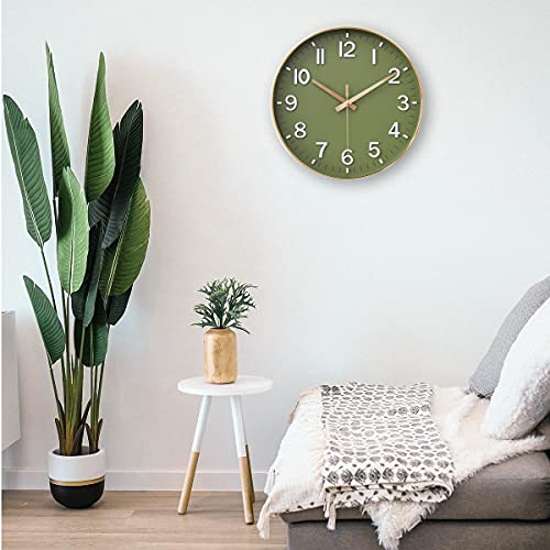 HZDHCLH Wall Clocks Battery Operated,12 inch Silent Non Ticking Modern Wall Clock for Living Room Bedroom Kitchen Office Classroom Decor (Olive Green)