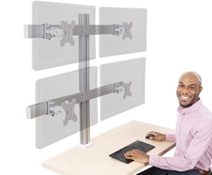 stand steady 4 monitor mount | heavy duty height adjustable monitor stand with clamp on base| four monitor arm with full articulation vesa mount fits most lcd/led monitors 17-32 in. (silver/4 mounts)