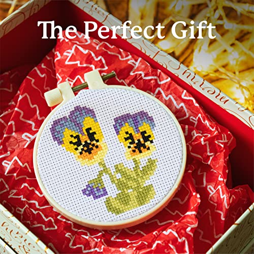 Cross Stitch Kits for Beginners (Flower Theme - 6.75 Inch - 4 Pack 1 x Embroidery Hoop) DIY Embroidery Needlepoint Patterns for Adults, Includes Poppy, Rose, Sunflower and Pansy. Complete Set Included