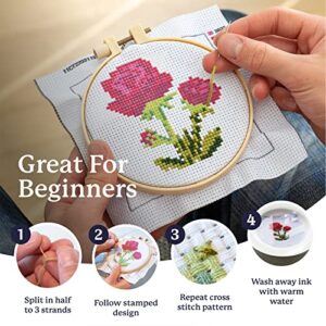 Cross Stitch Kits for Beginners (Flower Theme - 6.75 Inch - 4 Pack 1 x Embroidery Hoop) DIY Embroidery Needlepoint Patterns for Adults, Includes Poppy, Rose, Sunflower and Pansy. Complete Set Included