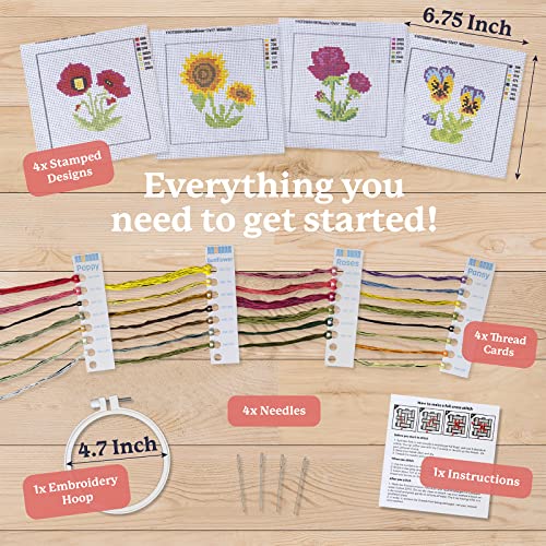 Cross Stitch Kits for Beginners (Flower Theme - 6.75 Inch - 4 Pack 1 x Embroidery Hoop) DIY Embroidery Needlepoint Patterns for Adults, Includes Poppy, Rose, Sunflower and Pansy. Complete Set Included