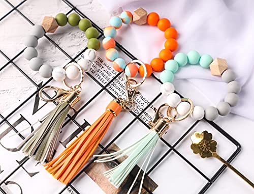 GIEMSON Silicone Key Ring Bracelets Wristlet Keychain Car Beaded Key Ring Bangle Chains for Women