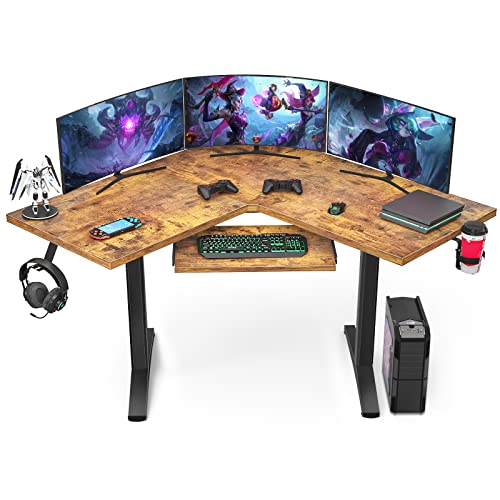 Ecoprsio L Shaped Gaming Desk Corner Desk, Home Office Computer Desk with Keyboard Tray, Large PC Gaming Desk Gamer Workstation, Computer Gaming Desk Table with Cup Holder and Headphone, Rustic Brown