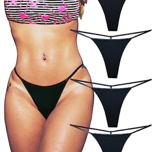 KUKU PANDA Cotton G String Thongs for Women T Back Gstring Underwear Seamless Panties Tangas Sexy 4 Pack Set (Black, Medium)