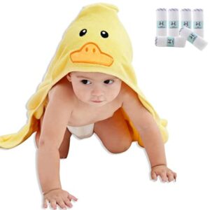 HIPHOP PANDA Bamboo Baby Washcloths, 6 Pack and Baby Hooded Towel, Yellow Duck, 30 x 30 Inch