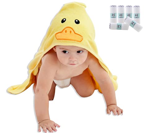 HIPHOP PANDA Bamboo Baby Washcloths, 6 Pack and Baby Hooded Towel, Yellow Duck, 30 x 30 Inch