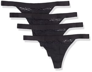 amazon essentials women's cotton and lace thong underwear, pack of 4, black, x-small