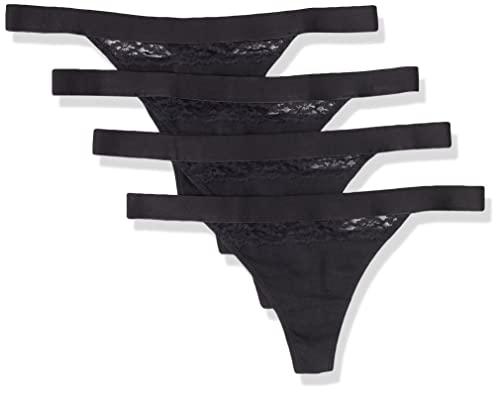 Amazon Essentials Women's Cotton and Lace Thong Underwear, Pack of 4, Black, X-Small