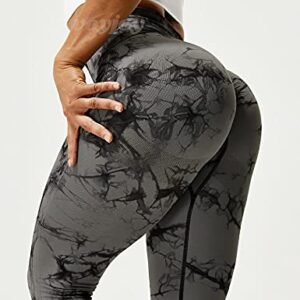 VOYJOY Tie Dye Seamless Leggings for Women High Waist Yoga Pants, Scrunch Butt Lifting Elastic Tights (#4 Black Gray, X-Large)