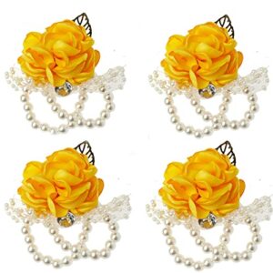 weddingbobdiy 4pieces/lot groom boutonniere man women bride wrist corsage silk rose pearls wedding flowers party decoration (yellow, wrist corsage)