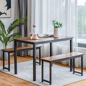 moccha 3-piece dining table set for 4, 43" modern dining room table set w/2 benches & metal frame, space saving kitchen table set for living room, breakfast, small space (rustic brown & black)