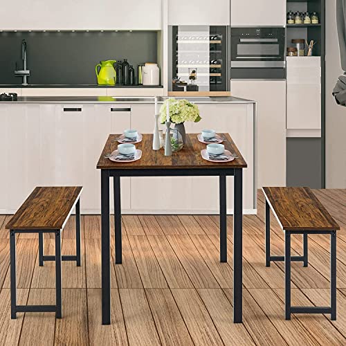 Moccha 3-Piece Dining Table Set for 4, 43" Modern Dining Room Table Set w/2 Benches & Metal Frame, Space Saving Kitchen Table Set for Living Room, Breakfast, Small Space (Rustic Brown & Black)