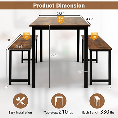 Moccha 3-Piece Dining Table Set for 4, 43" Modern Dining Room Table Set w/2 Benches & Metal Frame, Space Saving Kitchen Table Set for Living Room, Breakfast, Small Space (Rustic Brown & Black)