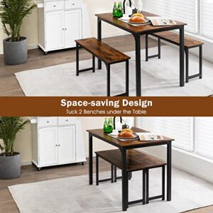 Moccha 3-Piece Dining Table Set for 4, 43" Modern Dining Room Table Set w/2 Benches & Metal Frame, Space Saving Kitchen Table Set for Living Room, Breakfast, Small Space (Rustic Brown & Black)