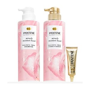 pantene shampoo and conditioner with rose water and hair treatment set, sulfate free, nutrient blends miracle moisture boost