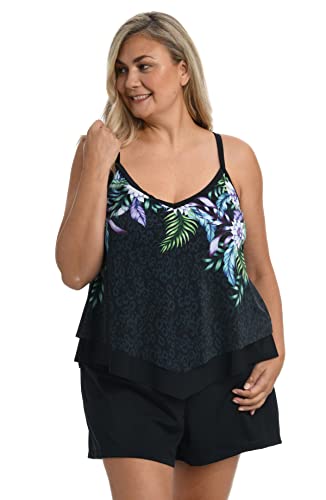 Maxine Of Hollywood womens V-neck Flutter Swimsuit Tankini Top, Black Fiji Floral, 18 Plus