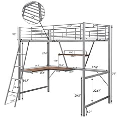 Metal Loft Bed with L-Shaped Desk and Shelf, Silver