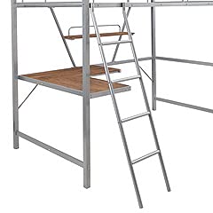 Metal Loft Bed with L-Shaped Desk and Shelf, Silver