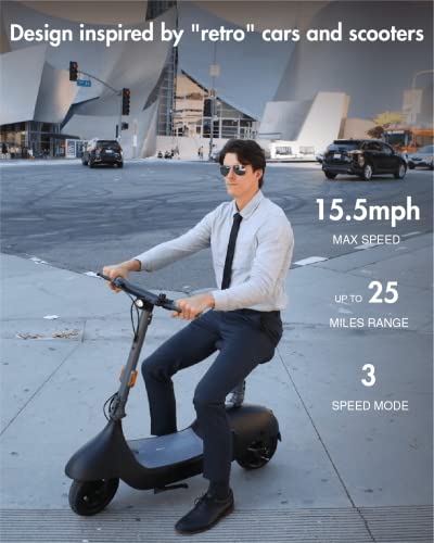 OKAI EA10 Electric Scooter with Seat, Up to 25 Miles Range & 15.5MPH, Moped Scooter Bike for Adults with 10 Inch Vacuum Tires(Black)