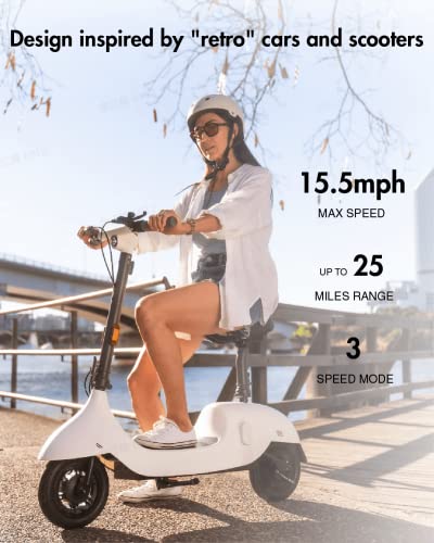 OKAI EA10 Electric Scooter with Seat, Up to 25 Miles Range & 15.5MPH, Moped Scooter Bike for Adults with 10 Inch Vacuum Tires(White)