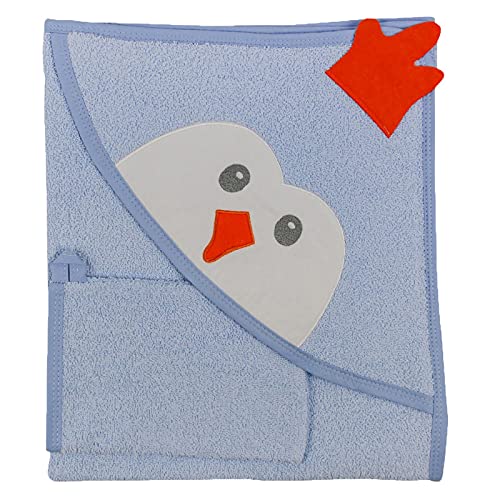 Miniyoki Animal Baby Bath Towel with Washcloth, Turkish Cotton Hooded Baby Towel (Chicken, Blue), 100% Cotton, Made in Turkey, Baby Registry Must Have (30x30 inches)