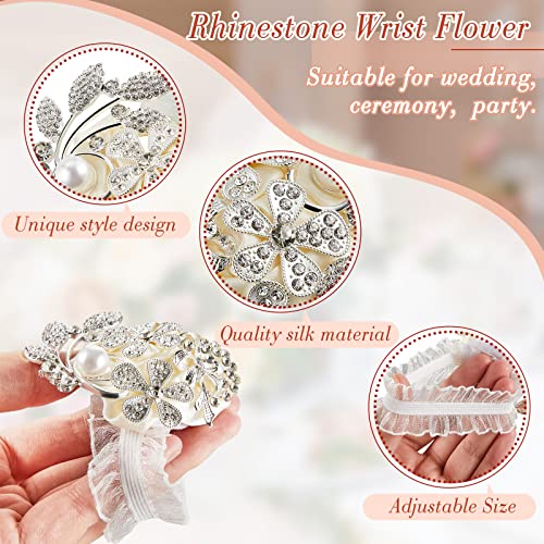 MTLEE 2 Pieces Rhinestone Wrist Corsage Wristlet Bracelet Silk Wrist Flower with Peal and Diamond for Wedding Bridesmaid Bridal Shower Prom Party(Silver Ivory)