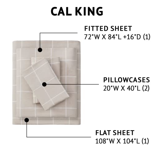 Beautyrest 100% Cotton Sheet Set Breathable Oversized Flannel, All Elastic Deep Pocket Fits Up to 16" Mattress - Cozy Warm Bed Sheets for Cold Weather, Cal King, Beige Windowpane 4 Piece