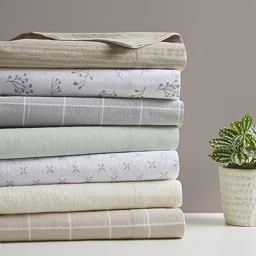 Beautyrest 100% Cotton Sheet Set Breathable Oversized Flannel, All Elastic Deep Pocket Fits Up to 16" Mattress - Cozy Warm Bed Sheets for Cold Weather, Cal King, Beige Windowpane 4 Piece