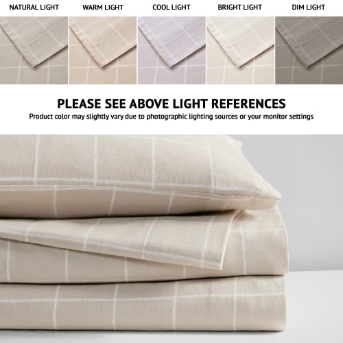 Beautyrest 100% Cotton Sheet Set Breathable Oversized Flannel, All Elastic Deep Pocket Fits Up to 16" Mattress - Cozy Warm Bed Sheets for Cold Weather, Cal King, Beige Windowpane 4 Piece