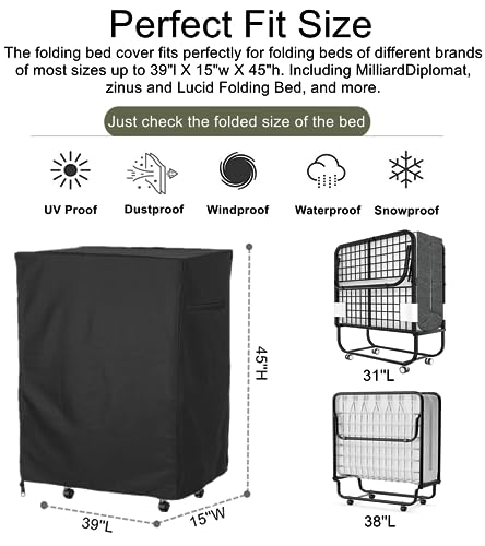 Folding Bed Storage Cover, Falezern 38 in Adjustable Rollaway Bed Cover, Waterproof and Dustproof, with Metal Zipper and Adjustable Drawstring, Thickened Storage Cover for Folding Cot Bed, Fold Up Bed