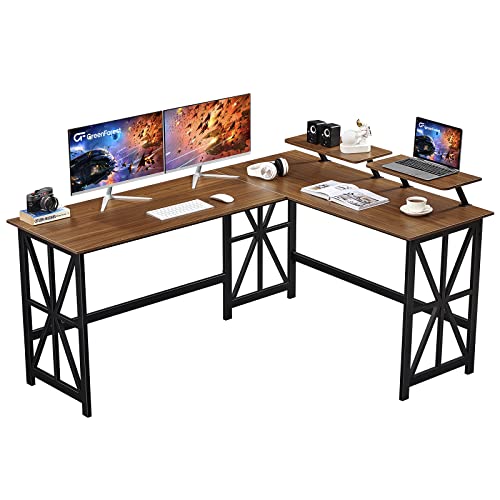 GreenForest L Shaped Desk with 2 Monitor Stand, 63.8 inch Reversible Corner Computer Desk for Home Office Study Gaming Workstation Crafting Table Spaces Saving, Easy Assembly, Walnut