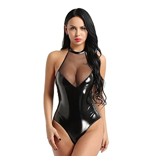 Sexy Lingerie For Women Women'S Latex Swimsuits Wetlook Leather Swimwear Mesh Patchwork High Cut Bodysuit Gymnastics Le Black