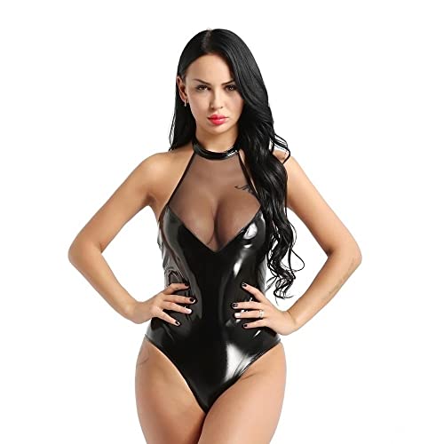 Sexy Lingerie For Women Women'S Latex Swimsuits Wetlook Leather Swimwear Mesh Patchwork High Cut Bodysuit Gymnastics Le Black