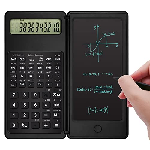 INVIN VANLON Fold Upgrade Scientific Calculators with Tablet, LCD Large Display 12-Digit Engineering Calculator with Erasable Writing Tablet, Multi-Function Pocket Calculators for School (Black)