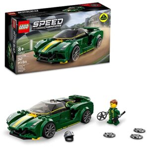 lego speed champions lotus evija 76907 race car toy model for kids, collectible set with racing driver minifigure