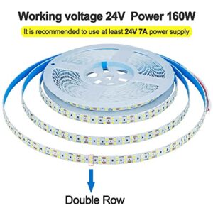 KXZM 24V LED Strip Light Cool White 6000K Double Row 32.8ft/10M 2400LEDs 2835 SMD 160W High Brightness 11000LM No-Waterproof IP20 Flexible Ribbon for Kitchen Hallways Decoration Lighting