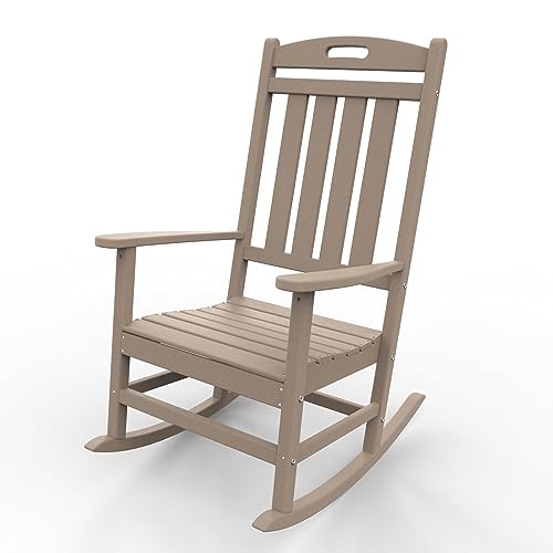 Outdoor Rocking Chairs, High Back Poly Lumber Patio Rocker Chair, 365Lbs Support Rocking Chairs, All-Weather Porch Rocking Chair for Lawn, Backyard, Indoor, Garden, Like Real Wood, Weathered Wood