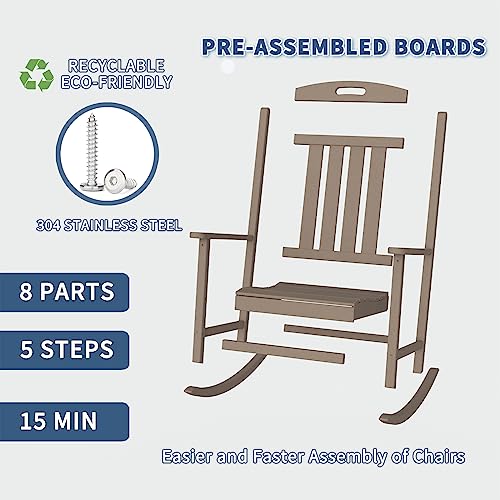 Outdoor Rocking Chairs, High Back Poly Lumber Patio Rocker Chair, 365Lbs Support Rocking Chairs, All-Weather Porch Rocking Chair for Lawn, Backyard, Indoor, Garden, Like Real Wood, Weathered Wood