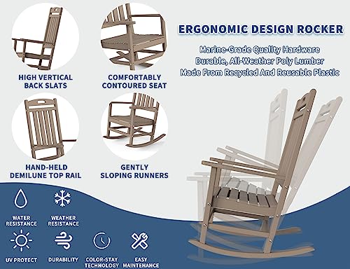 Outdoor Rocking Chairs, High Back Poly Lumber Patio Rocker Chair, 365Lbs Support Rocking Chairs, All-Weather Porch Rocking Chair for Lawn, Backyard, Indoor, Garden, Like Real Wood, Weathered Wood