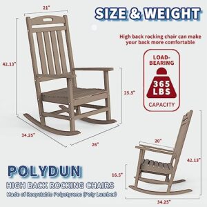 Outdoor Rocking Chairs, High Back Poly Lumber Patio Rocker Chair, 365Lbs Support Rocking Chairs, All-Weather Porch Rocking Chair for Lawn, Backyard, Indoor, Garden, Like Real Wood, Weathered Wood