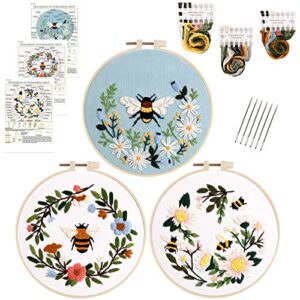 lukinbox embroidery starter kit for beginners, 3 sets cross stitch kits for adults, include embroidery clothes with cute bees and flowers patterns, 1 embroidery hoop, threads, needles and instruction