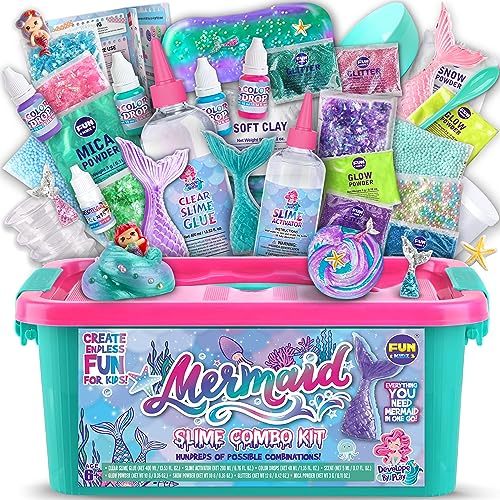 Summer Mermaid Slime Kit for Girls 10-12, FunKidz Shimmer Slime Making Kit for Kids Age 8-10 D.I.Y. Fluffy Glitter Slime Toy Mermaid Gift