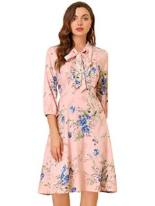 allegra k women's floral tie neck 3/4 sleeve office work midi flowy flare dress large pink