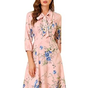 Allegra K Women's Floral Tie Neck 3/4 Sleeve Office Work Midi Flowy Flare Dress Large Pink