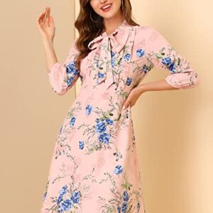 Allegra K Women's Floral Tie Neck 3/4 Sleeve Office Work Midi Flowy Flare Dress Large Pink